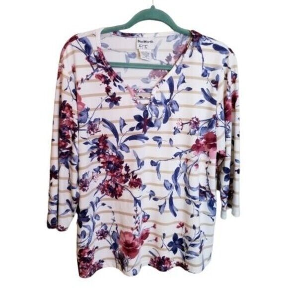 BonWorth | Tops | Bon Worth Womens Sz Pm White Floral 34 Sleeve Blouse ...